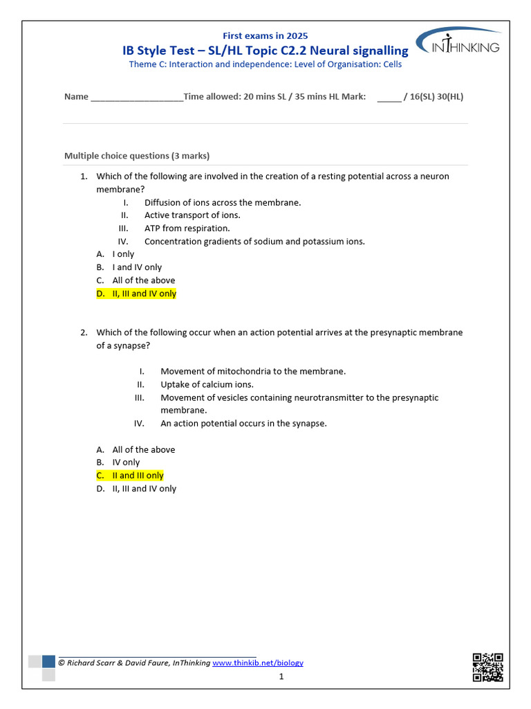 C2.2_Neural_Signaling_topic_test_MS | PDF | Chemical Synapse | Neuron