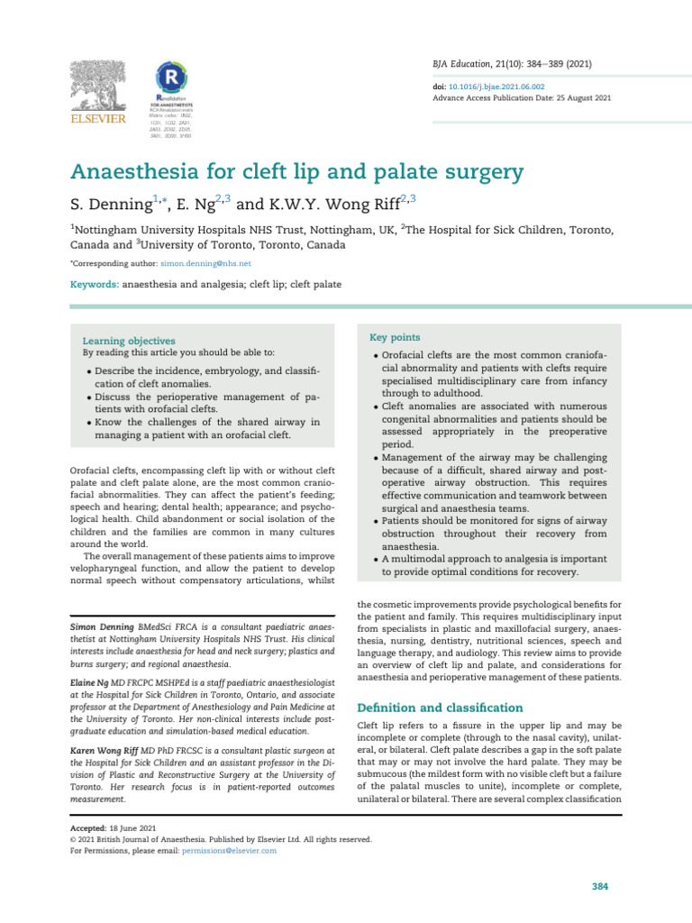 Cleft Palate Anesthesia | PDF | Medical Specialties | Clinical Medicine