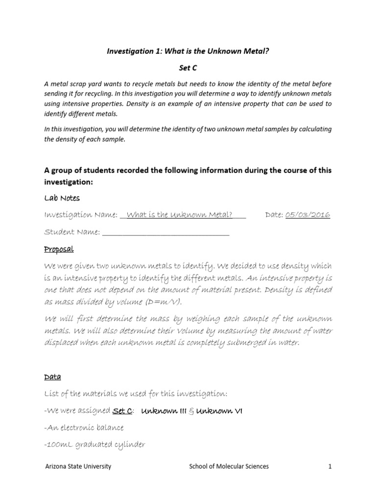 Identifying Unknown Metals by Density | PDF | Volume | Density