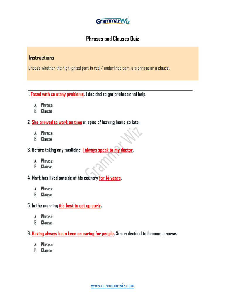 Phrases and Clauses Quiz | PDF | Language Arts & Discipline | Wellness