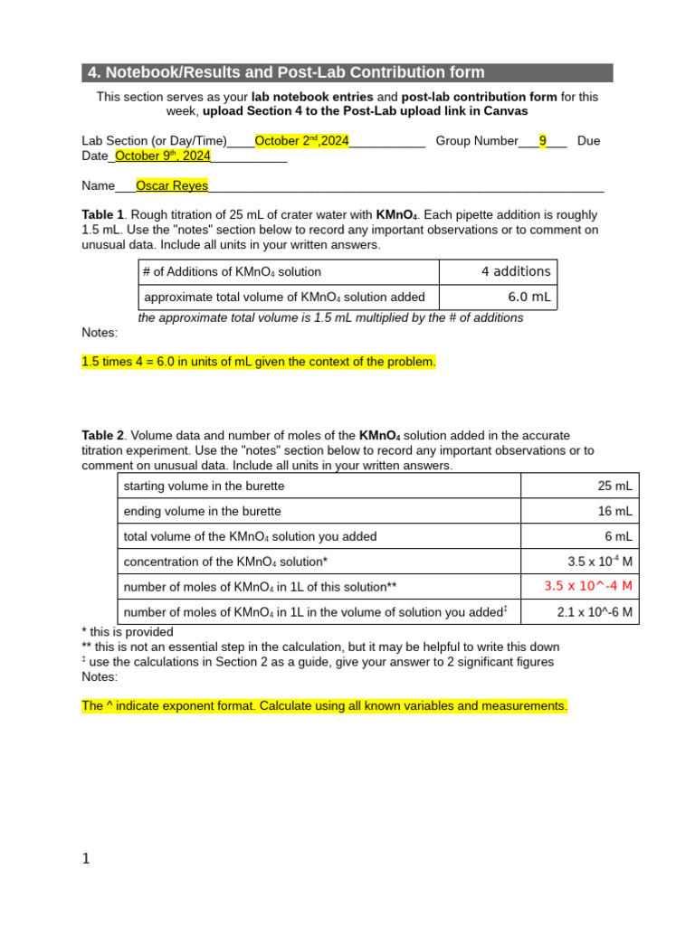 Lab Notebook and Post-Lab Form Submission | PDF | Titration | Chemistry