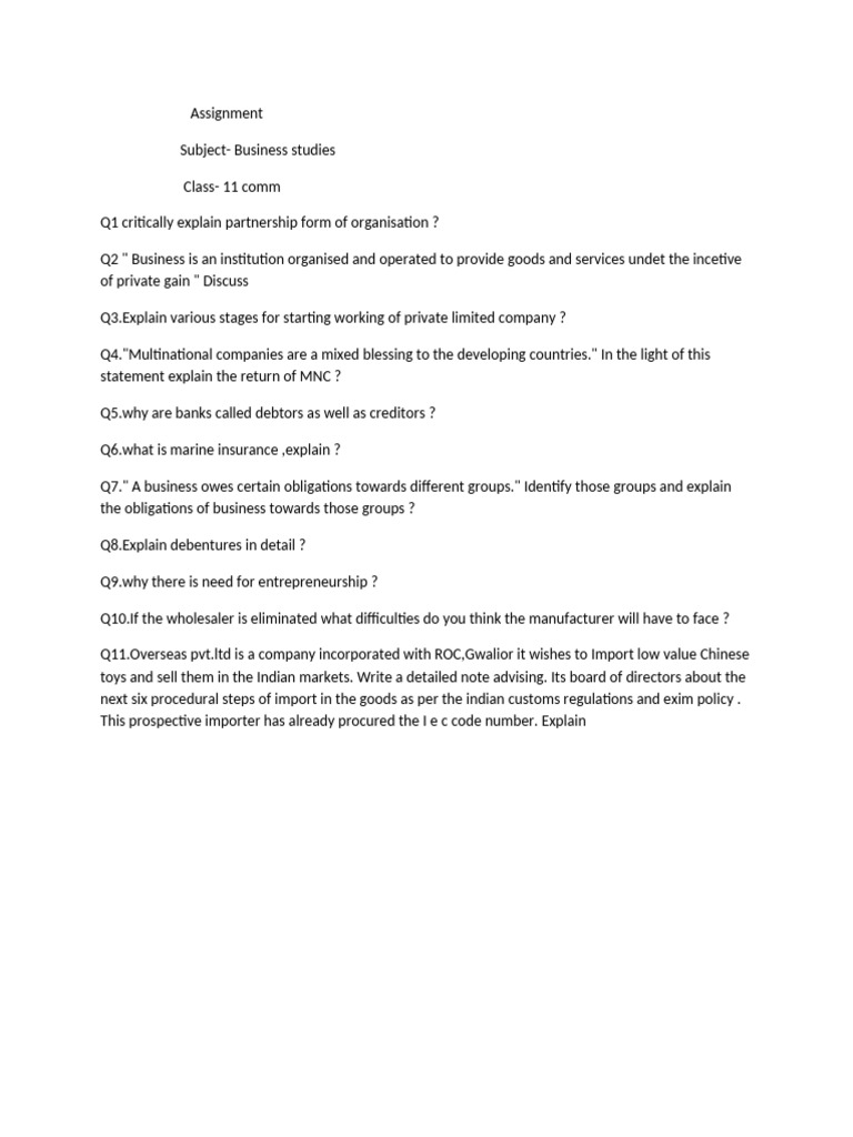 Class 11 Business Studies Assignment | PDF