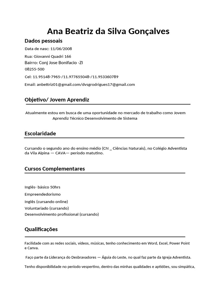 Curriculum Ana Beatriz Word | PDF