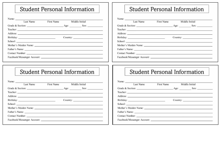 Student Personal Information 4 Copies in 1 Sheet | PDF