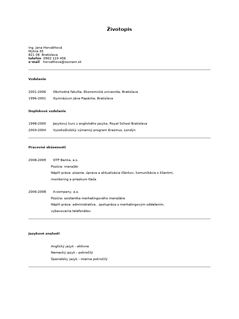 Strukturovany Zivotopis V Slovenskom Jazyku | PDF