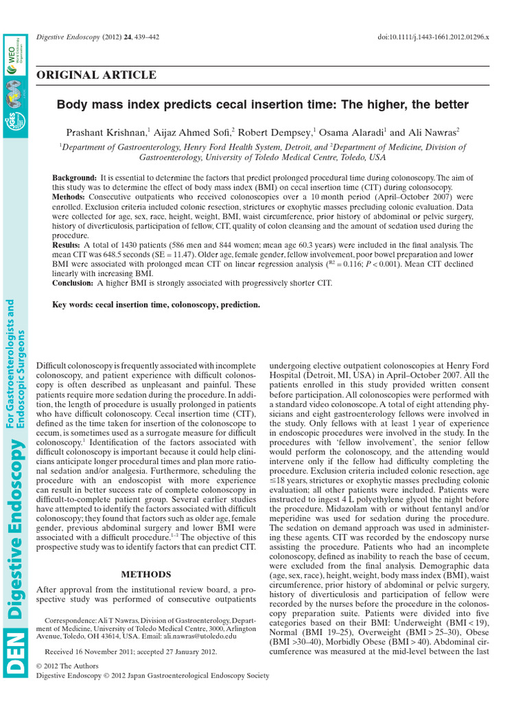 Digestive Endoscopy - 2012 - Krishnan - Body Mass Index Predicts Cecal ...