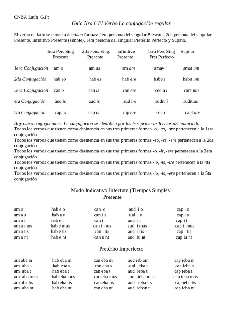 GUía Nro 8 El Verbo. Conjugación Regular. Infectum | PDF | Conjugación ...