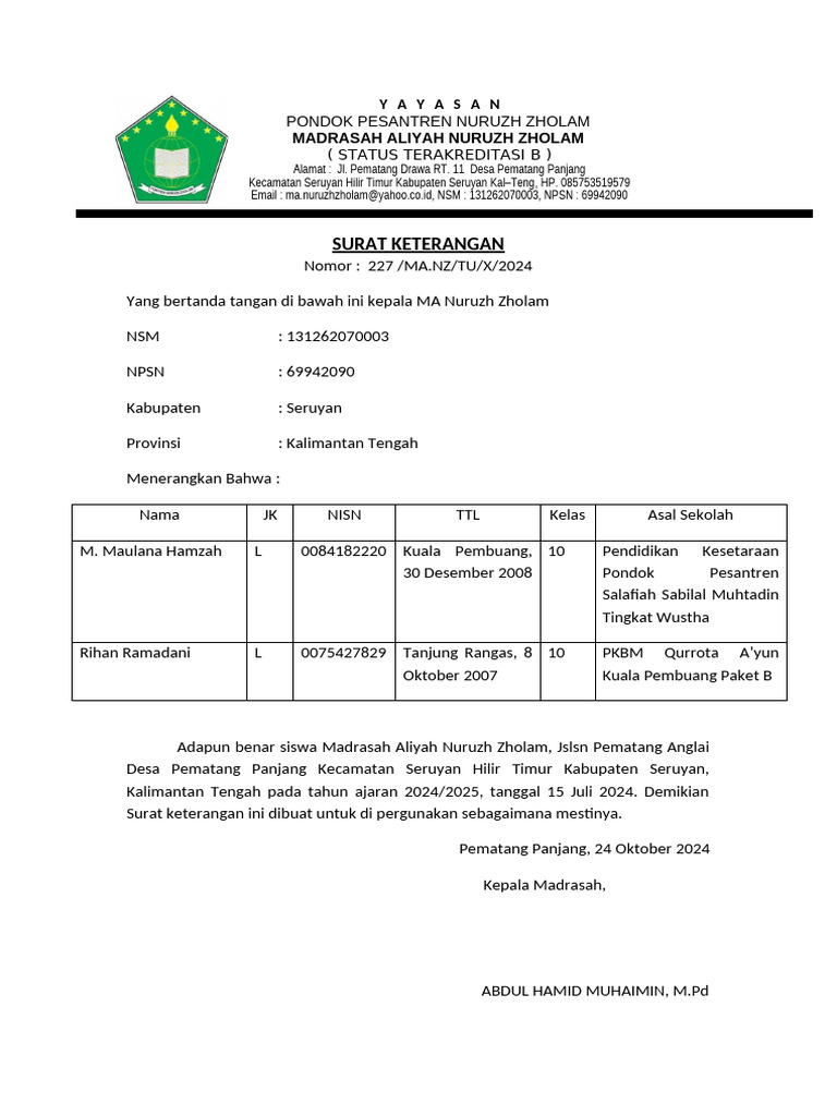Surat Keterangan Siswa MUtasi MAsuk | PDF