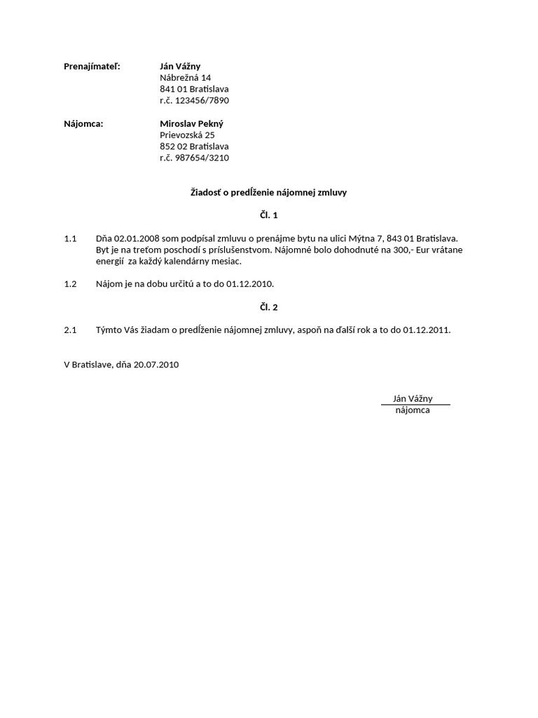 Ziadost o Pred Zenie Najomnej Zmluvy | PDF