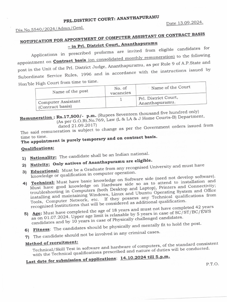 Official Notification Application Form For Computer Assistant Post | PDF
