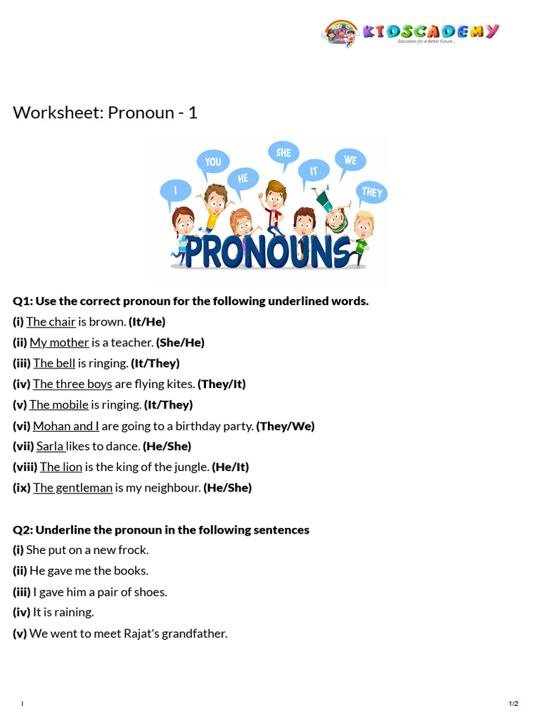 Class 1 Pronoun Worksheet | PDF | Games & Activities | Language Arts ...