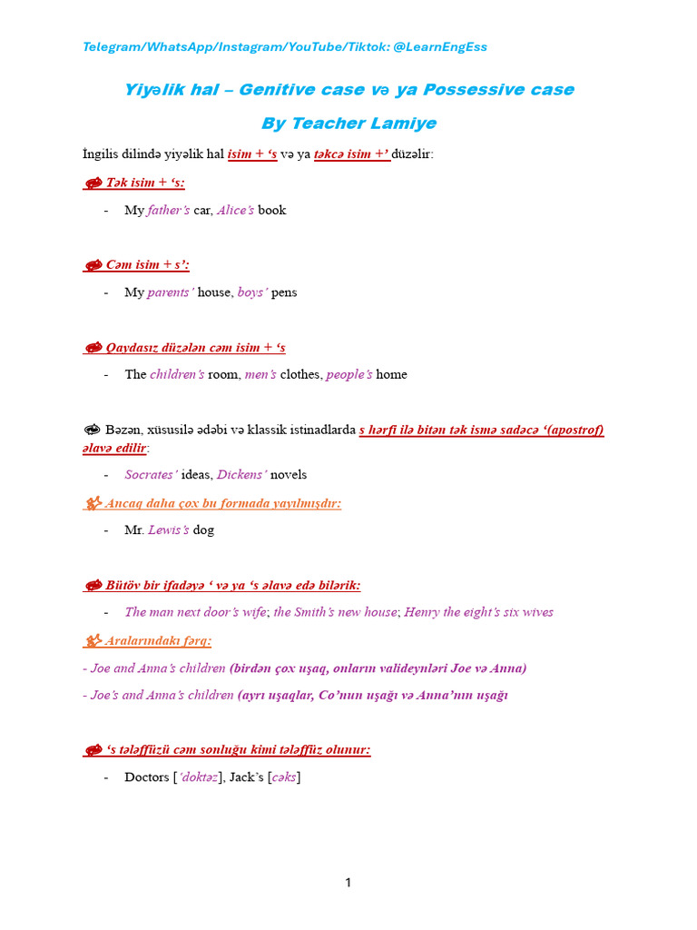 Yiyəlik Hal - Genitive Case VƏ Ya Possessive Case by Teacher Lamiye | PDF