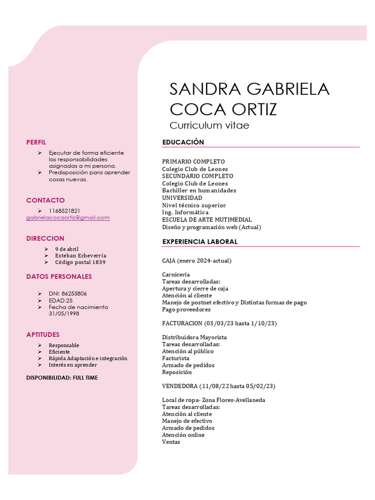 Curriculum Vitae de Sandra Gabriela Coca | PDF | Informática | Ciencias ...