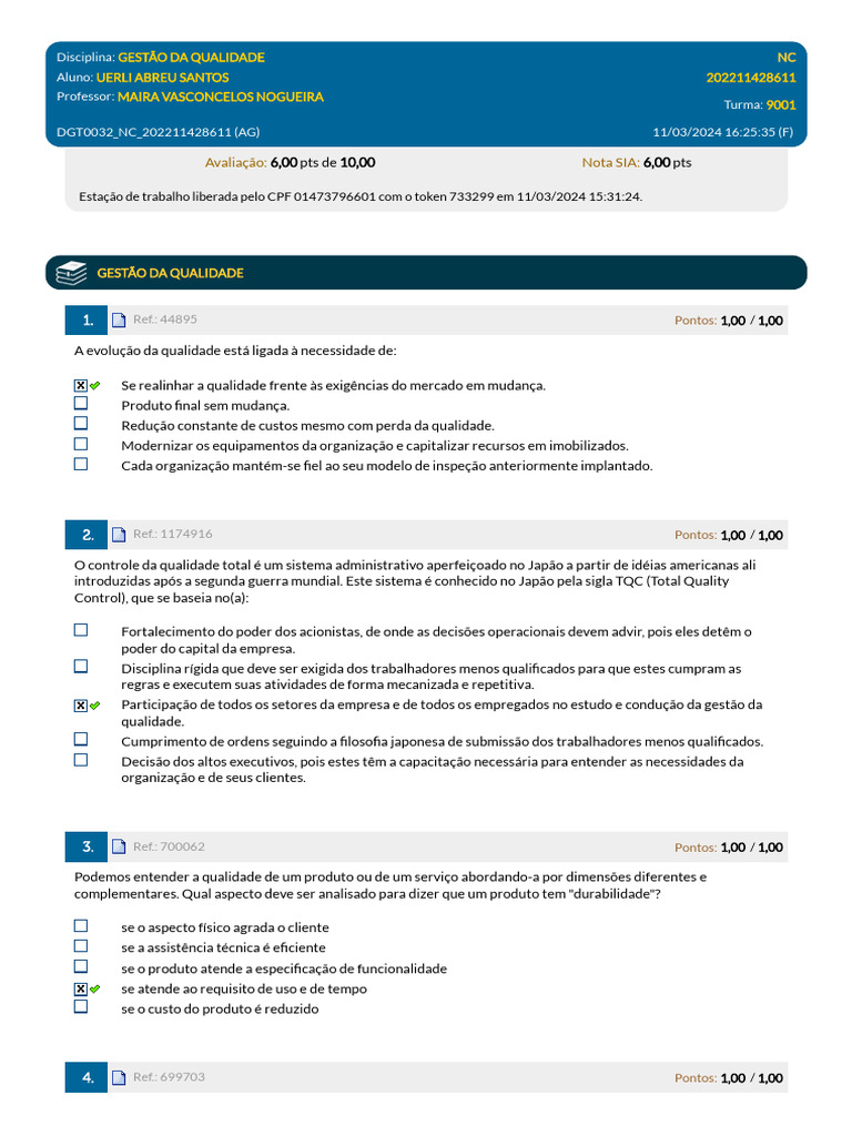 Prova de Gestão - Estácio | PDF | ISO 9000 | Desenvolvimento profissional