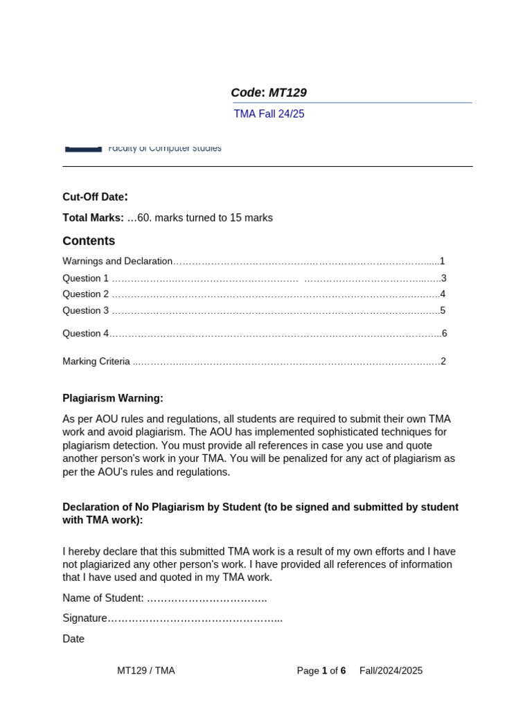 MT129-TMA - Fall-2024-2025-KSA | PDF | Calculus | Mathematics