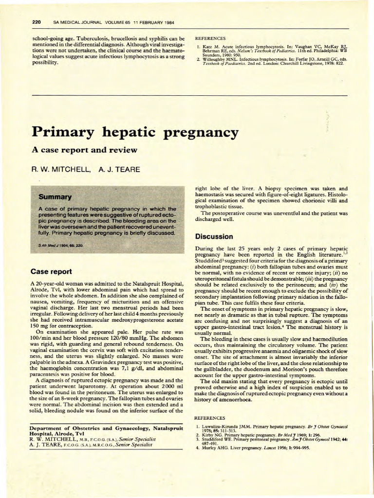 Mitchell R W Teare 1984 Primary Hepatic Pregnancy A Case Report And Review Pdf Medical