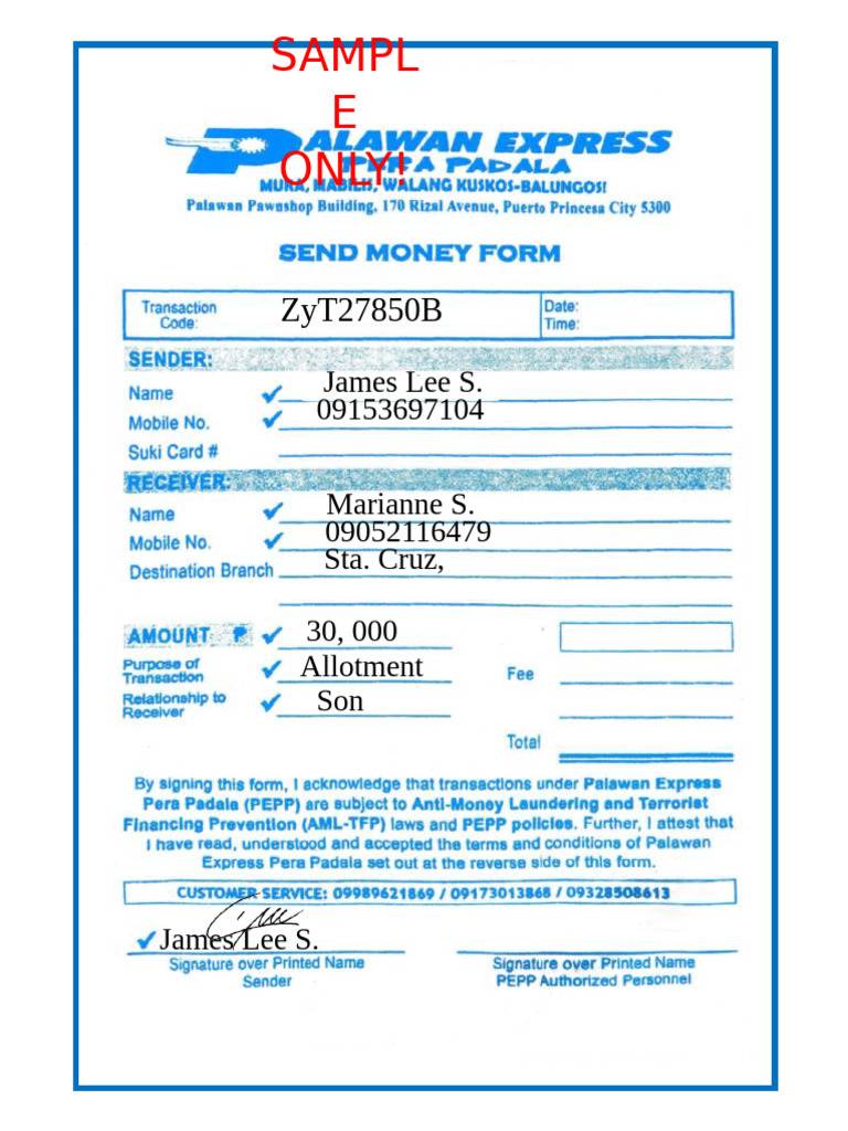 Sample Palawan Receive and Money Form | PDF