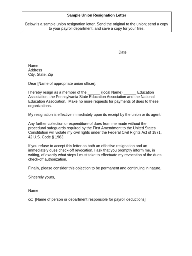 Sample Union Resignation Letter | PDF
