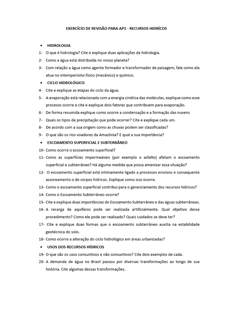 Exercício de Revisão para Ap1 PDF | PDF | Hidrologia | Bacia hidrográfica