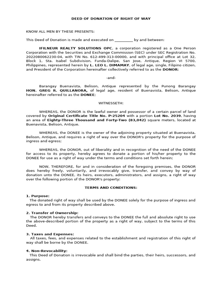 Deed of Donation of Right of Way (Buenavista) | PDF | Deed | Natural ...