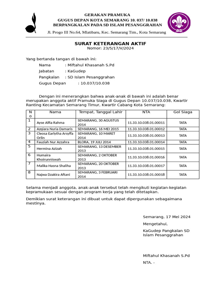 SURAT KETERANGAN AKTIF Pramuka | PDF