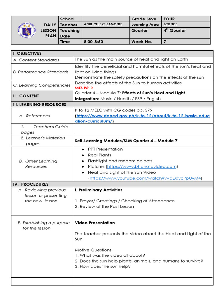 Grade 4 Science Lesson on Sun Effects | PDF | Learning | Teachers