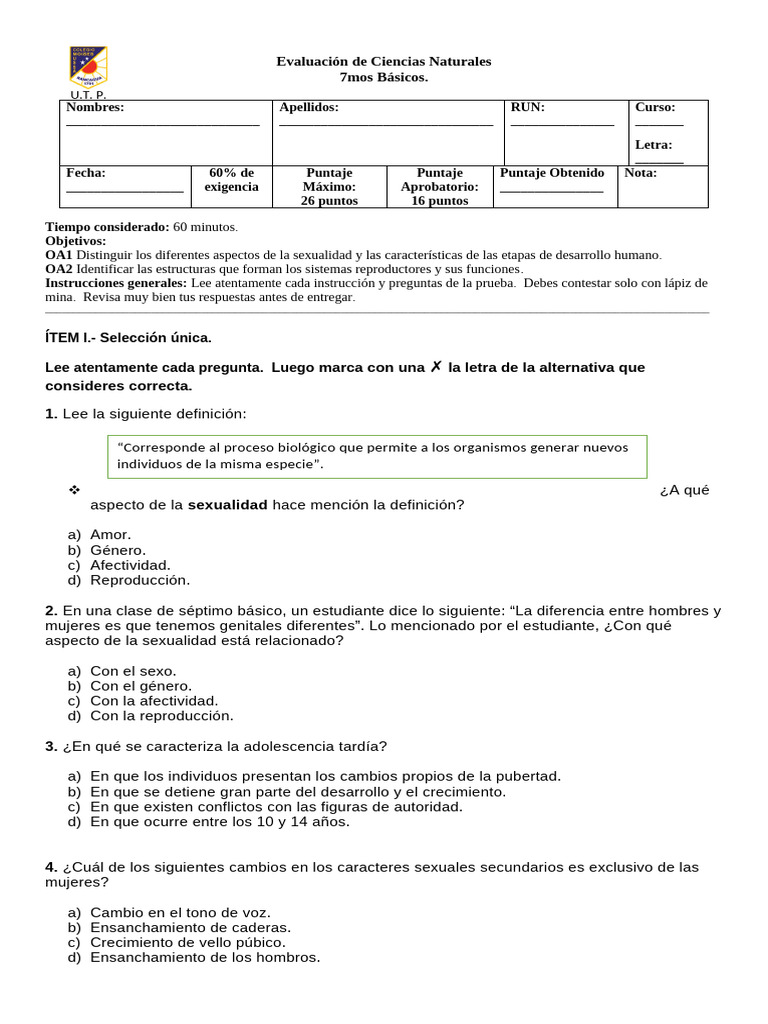 Prueba 7° - Pubertad y Adolescencia | PDF | Adolescencia | Hombre