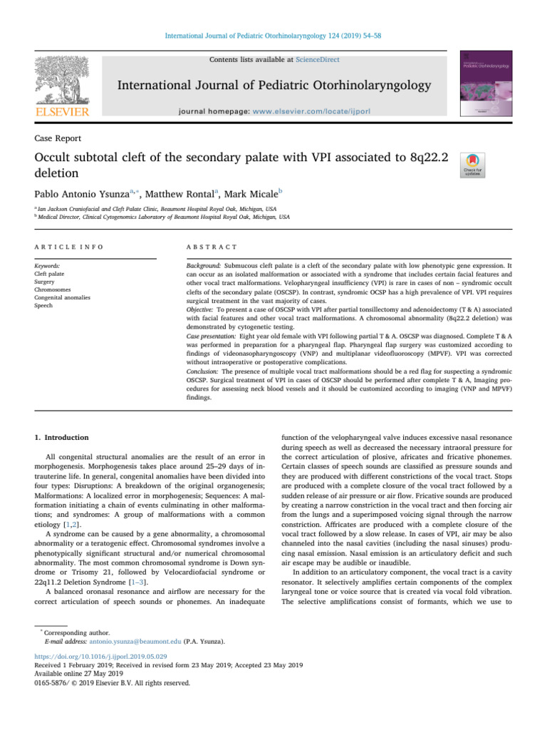 Occult Subtotal Cleft of The Secondary Palate With VPI Associated To ...