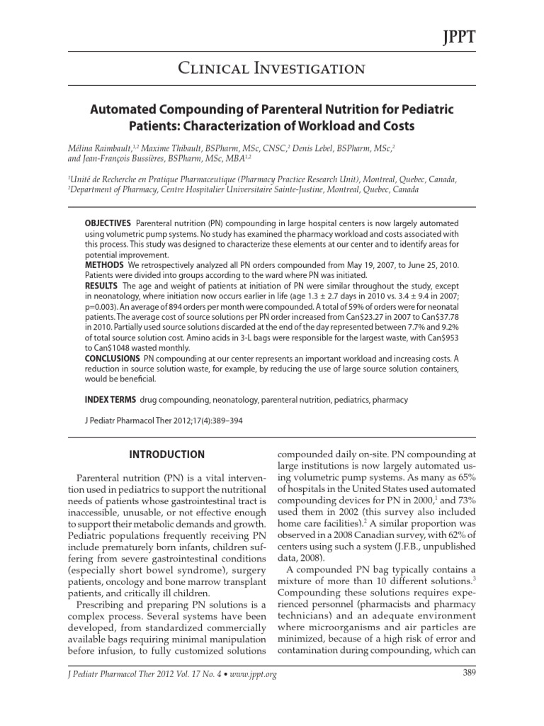 Automated compounding of parenteral nutrition for pediatric patients2 1 ...
