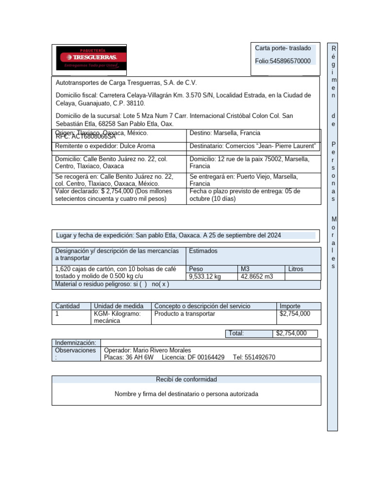 Ejemplo de Carta Porte de Traslado | PDF