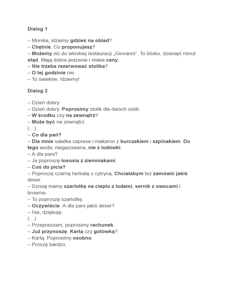 Dialogi W Restauracji - Tłumaczenia | PDF