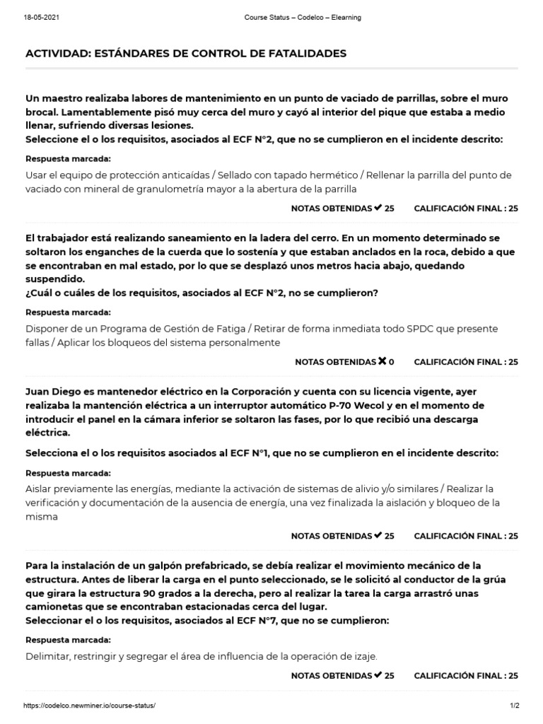 Course Status - Codelco - Elearning Estandar de Control de Fatalidades | PDF