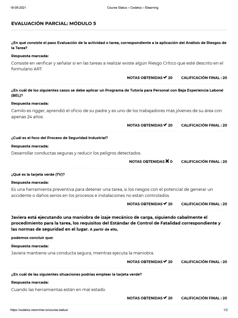 Course Status - Codelco - Elearning Evaluacion Modulo 5 | PDF | Tecnología