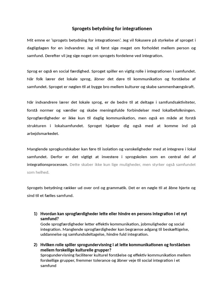 Sprogets Betydning For Integration | PDF