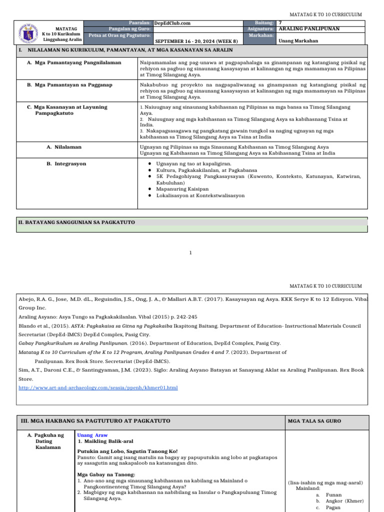 DLL Matatag - Araling Panlipunan 7 q1 w8 | PDF