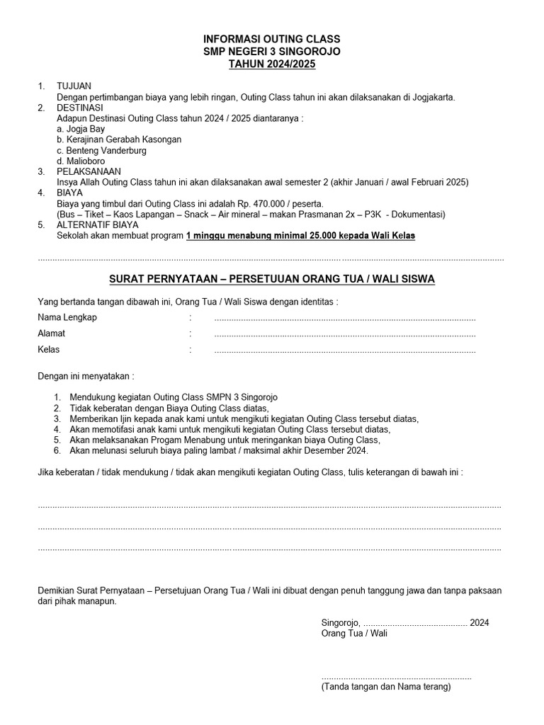 Informasi Outing Class 2024 2025 | PDF