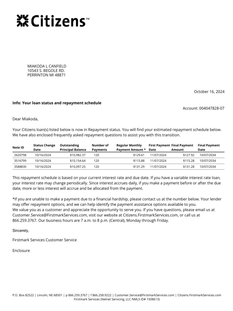 Info: Your Loan Status and Repayment Schedule: Sincerely | PDF ...