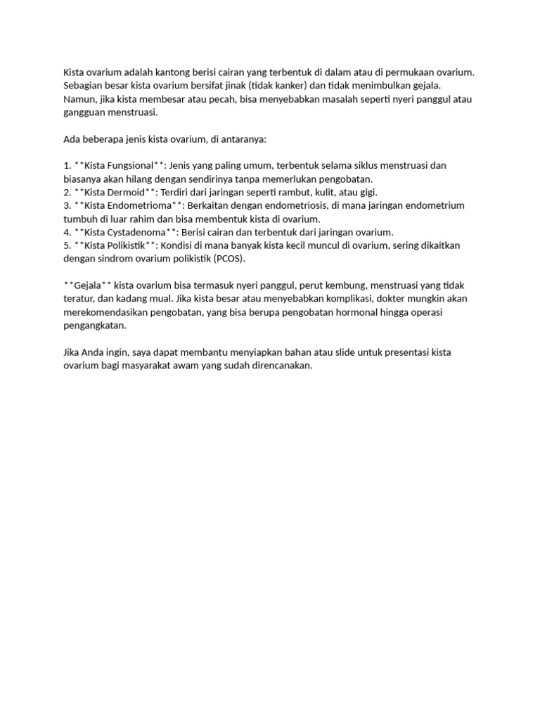Jenis-Jenis Kista Ovarium dan Gejalanya | PDF