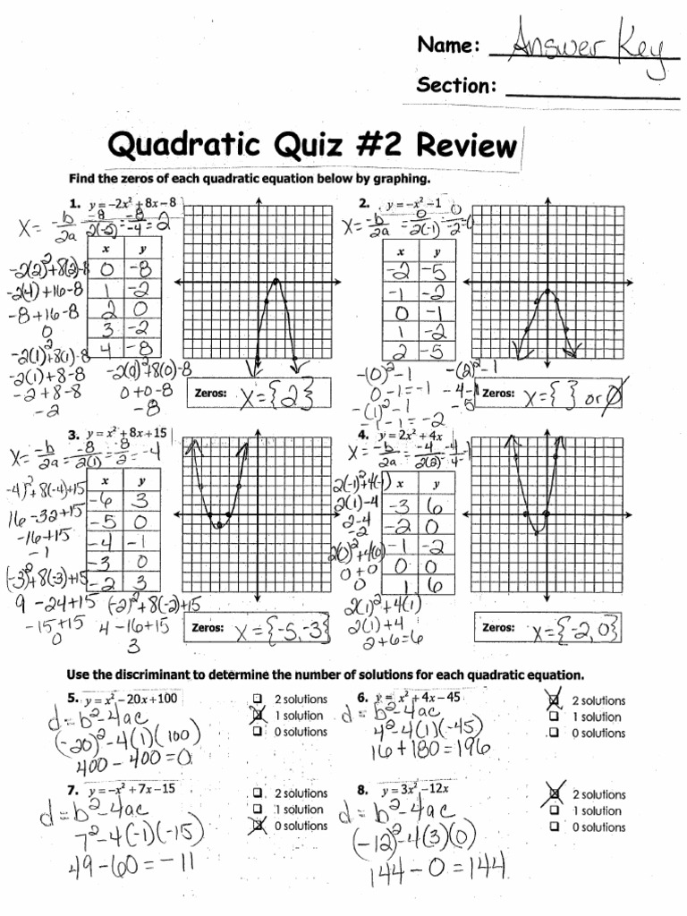 Quadratics Quiz 2 Review Answer Key | PDF