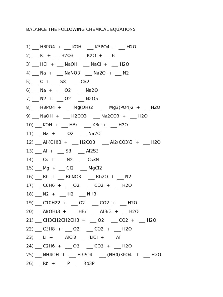 Balancing Chemical Equations Worksheet | PDF