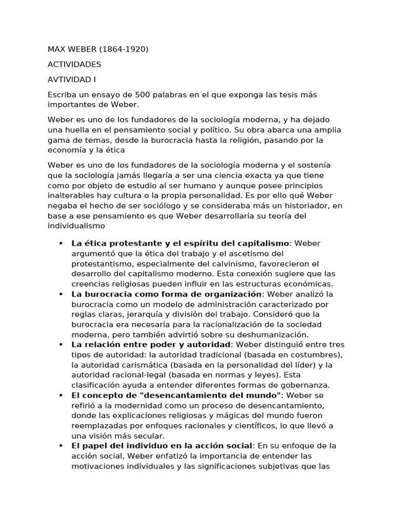 Max Weber (1864-1920) | PDF | Max Weber | Educación en artes liberales