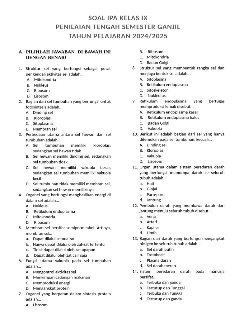 Soal PTS Ganjil 2024 | PDF | Kesehatan Holistik | Sains & Matematika
