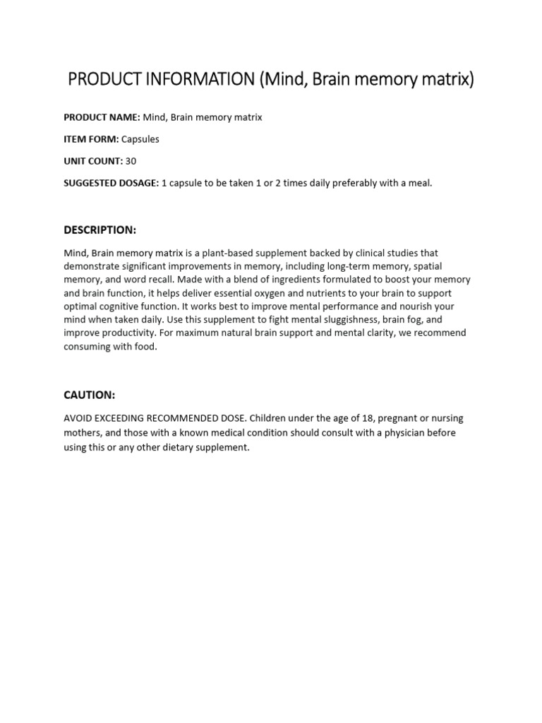 Product Information - Mind - Brain Memory Matrix PDF | PDF