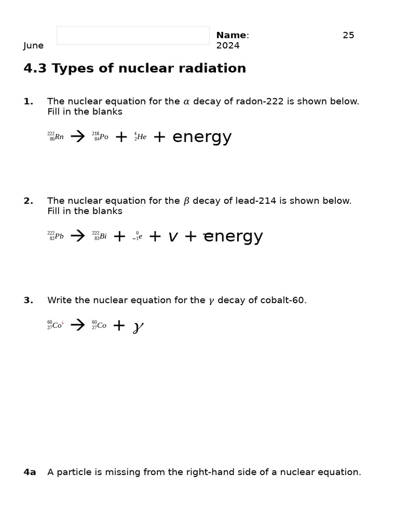 Ex 4.3 Types of Nuclear Radiation - Student | PDF | Radioactive Decay ...