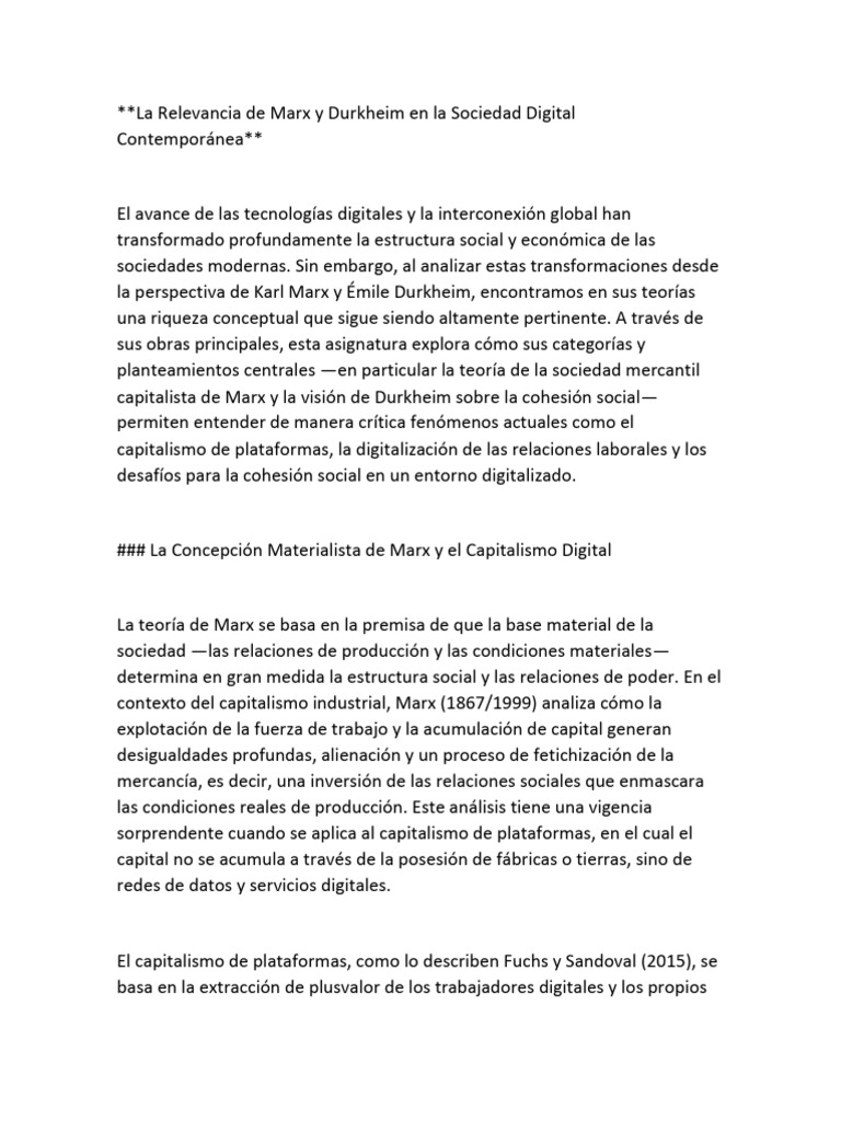 La Relevancia de Marx y Durkheim en La Sociedad Digital Contemporánea ...