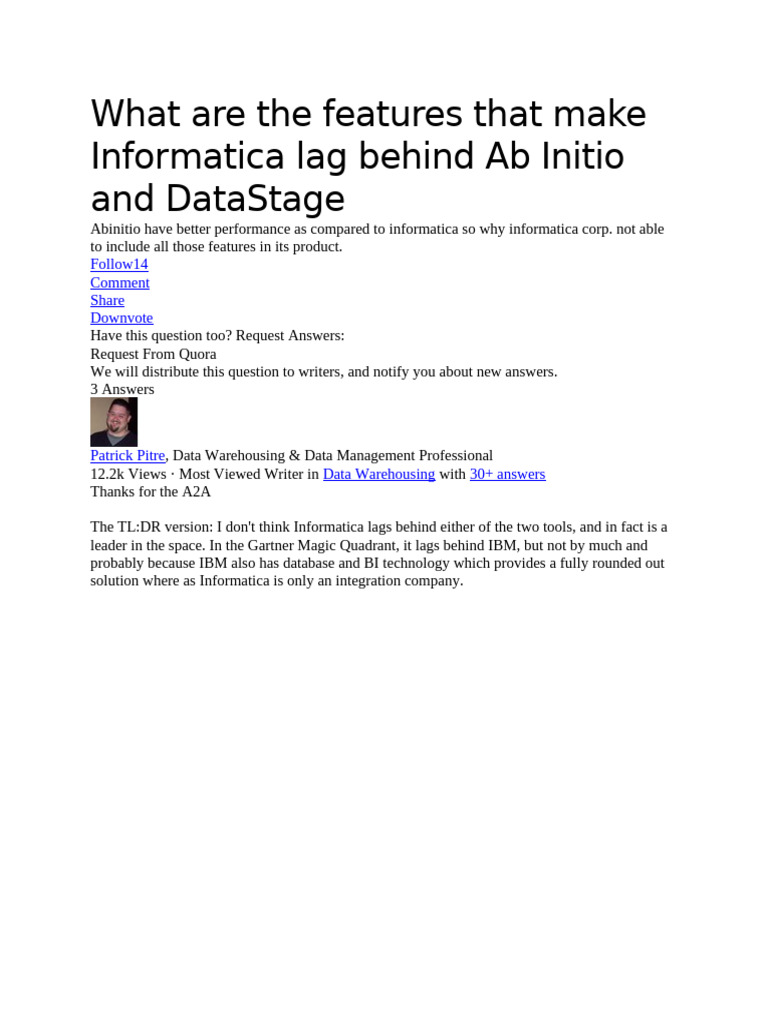 What Are The Features That Make Informatica Lag Behind Ab Initio and DataStage | PDF | Databases ...