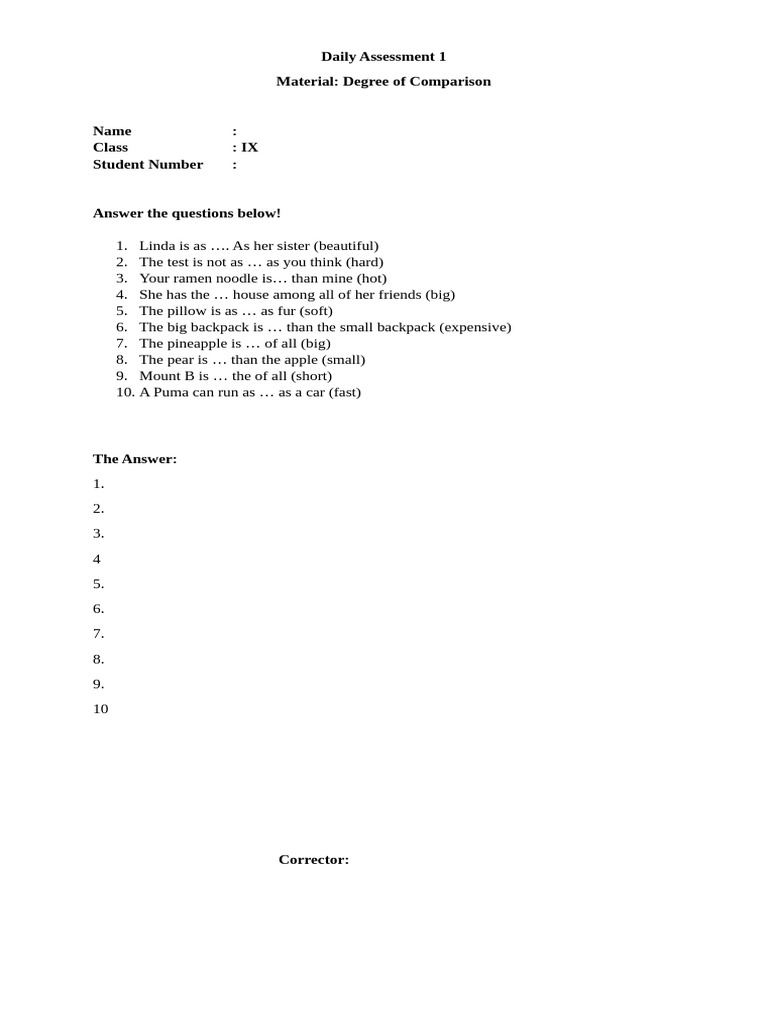 Degree of Comparison Assessment IX | PDF | Language Arts & Discipline