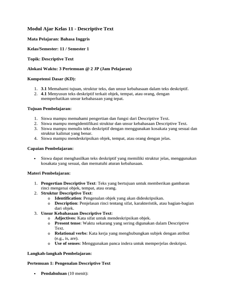 Modul Ajar Descriptive Text Kelas 11 | PDF