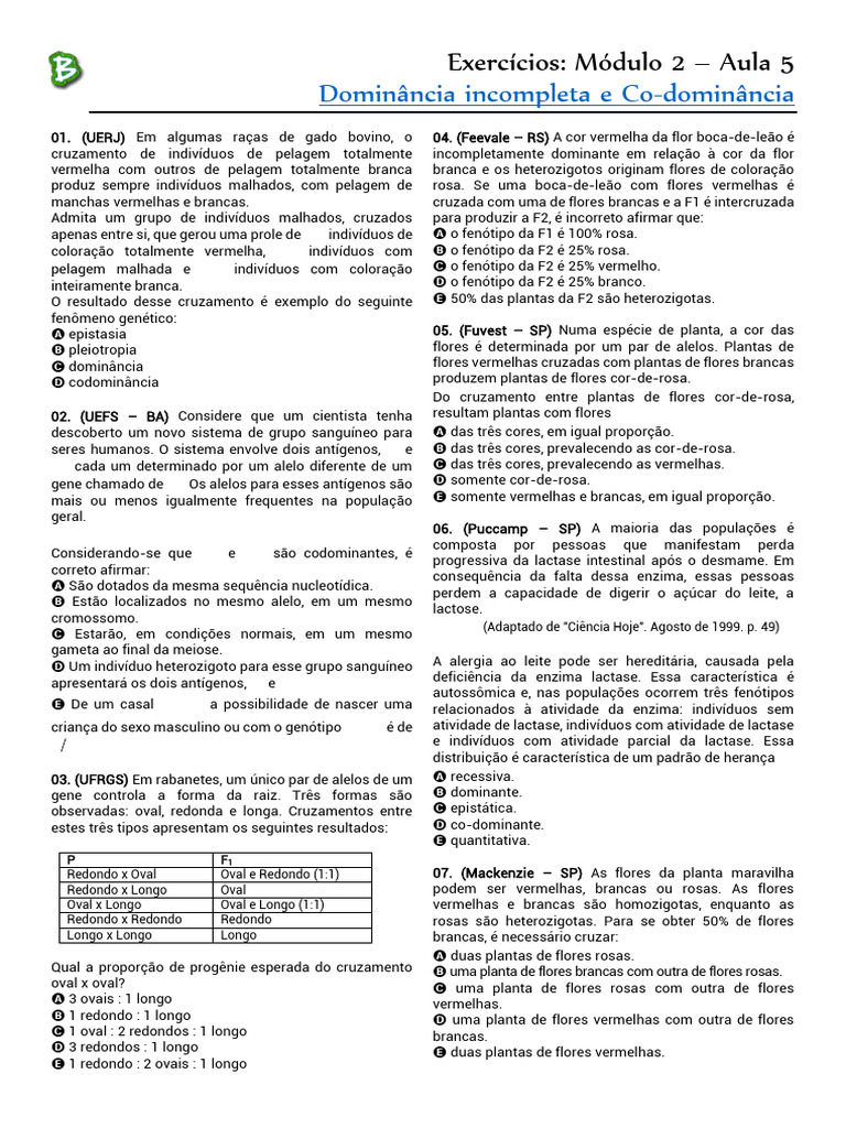 Exercícios-Domin. Incomp.-Codominânia - Prof Guilherme | PDF | Alelo | Genótipo