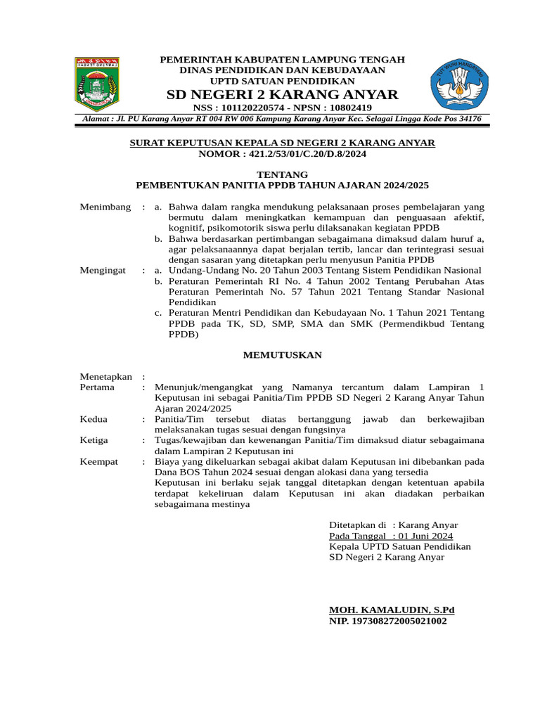 SK Panitia PPDB 2024 | PDF